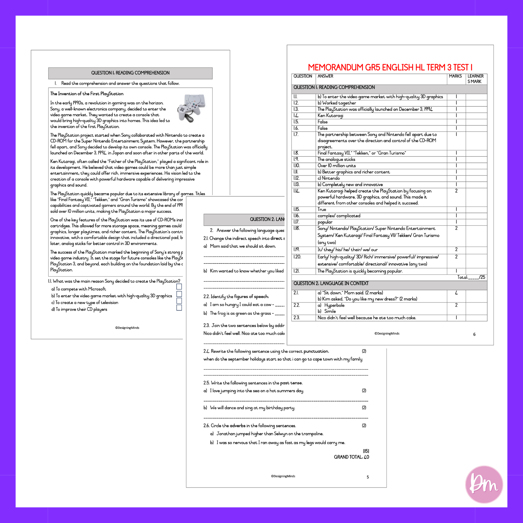 Grade 5 English HL Term 3 Practice Test 1 – Designing Minds
